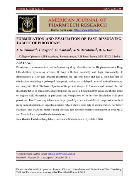 Pdf Formulation And Evaluation Of Fast Dissolving Tablet Of Piroxicam