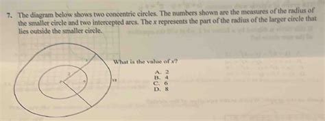 7 the diagram below shows two concentric circles the numbers shown are the measures of t