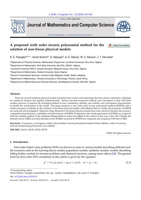 Pdf A Proposed Sixth Order Inverse Polynomial Method For The Solution Of Non Linear Physical