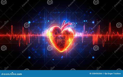 Glowing Anatomical Human Heart And Red Electrocardiogram Waveform On Blue Grid Background Stock