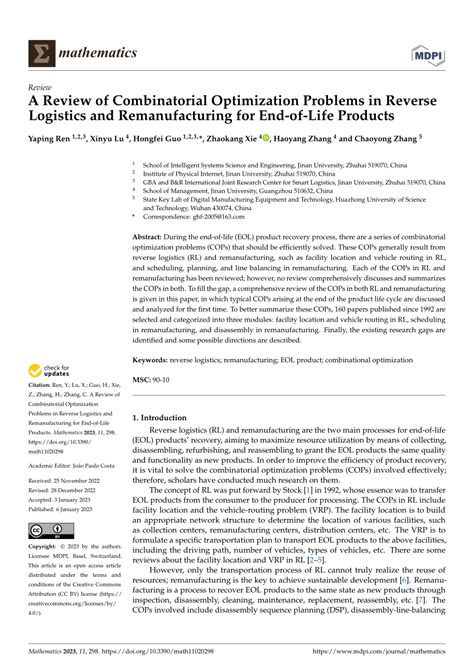 Pdf A Review Of Combinatorial Optimization Problems In Reverse Logistics And Remanufacturing