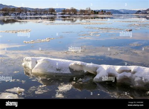 Spring Flood At The River Gaula Located Near The Norwegian City Trondheim Gaulosen Nature