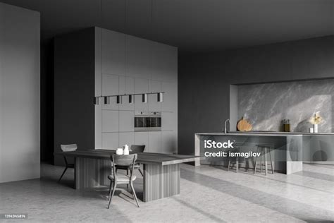 현대적인 현대적인 디자인 의 주방 객실 인테리어 의자가 있는 식탁 콘크리트 바닥 0명에 대한 스톡 사진 및 기타 이미지 0명 3차원 형태 가정 생활 Istock