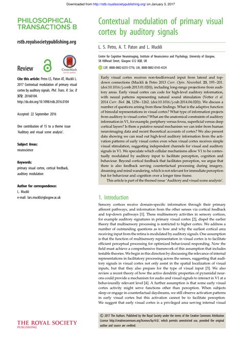 Pdf Contextual Modulation Of Primary Visual Cortex By Auditory Signals