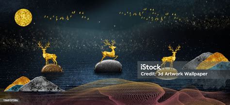 진한 파란색 배경과 물결 모양의 라인과 3d 현대 미술 벽화 벽지 황금 사슴 구름 물에 화려한 산 황금 달과 황금 조류 3차원