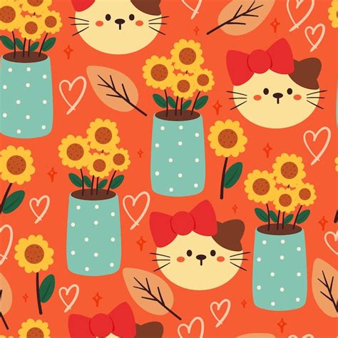 원활한 패턴 고양이 꽃과 식물 귀여운 패턴 아이 벽지 프리미엄 벡터