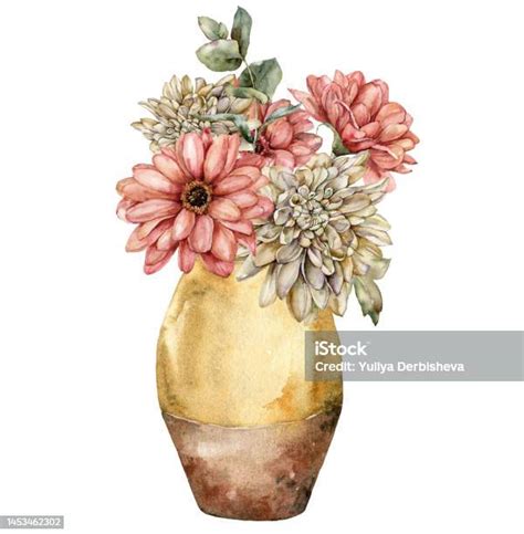 꽃병에 수채화 가을 꽃다발 손으로 그린 초원 과꽃 달리아 흰색 배경에 고립된 나뭇잎 디자인 인쇄 직물 또는 배경에 대 한 꽃
