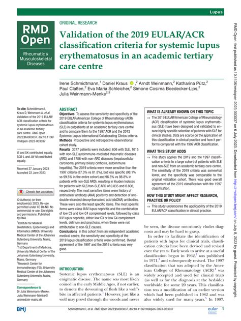 Pdf Validation Of The 2019 Eular Acr Classification Criteria For Systemic Lupus Erythematosus