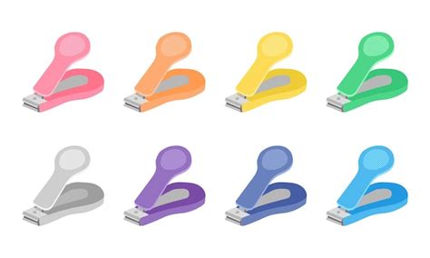 여러 가지 빛깔의 아기 손톱깎이 클립 아트 세트입니다 아기 손톱 평면 벡터 만화 절단을 위한 손톱 트리머 프리미엄 벡터