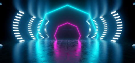 배경 네온 블루 보라색 공상 과학 Fi 미래 지향적 인 형광 외계인 우주선 어두운 빈 그런 지 콘크리트 복도 터널 홀 룸 빛나는 조명 레이저 쇼 3d 렌더링 0명에 대한