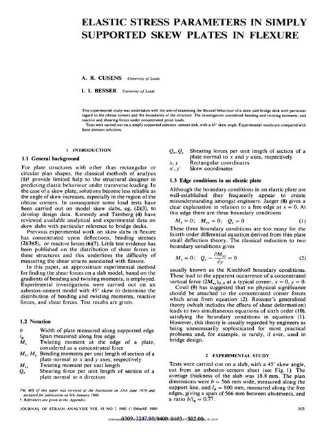 Elastic Stress Parameters In Simply Supported Skew Plates In Flexure Pdf Bending Stress