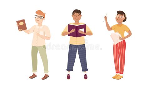 Man And Woman School Teacher Or Educator Standing With Book Vector Set