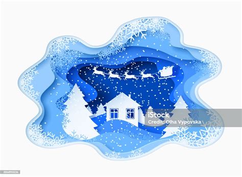 3d 추상 종이 잘라 소나무 집 산와 산타 클로스와 겨울 풍경 그림 개념에 대한 스톡 벡터 아트 및 기타 이미지 개념 겨울 계절 Istock