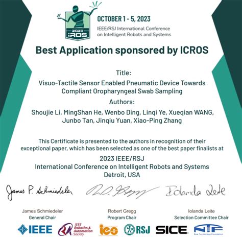 丁文伯团队“基于视触觉感知的气动咽拭子采样装置”成果获iros 2023最佳应用论文奖提名