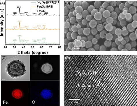 A XRD Patterns Of Fe O Fe O PEI And Fe O PEI FA B SEM C Download Scientific Diagram
