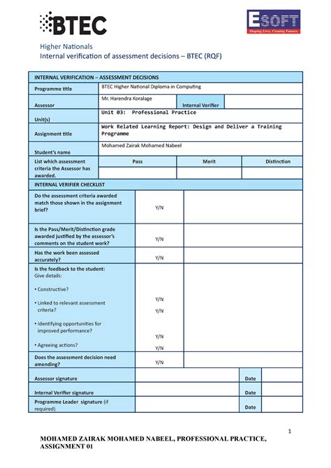 Professional Practice Unit 01 Higher Nationals Internal Verification