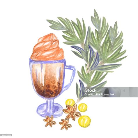 휘핑 크림으로 장식 된 유리 잔에 칵테일 로즈마리 스타 아니스 수채화 그림 레스토랑 디자인 메뉴 직물 엽서를위한 흰색 배경 일러스트레이션 0명에 대한 스톡 벡터 아트 및