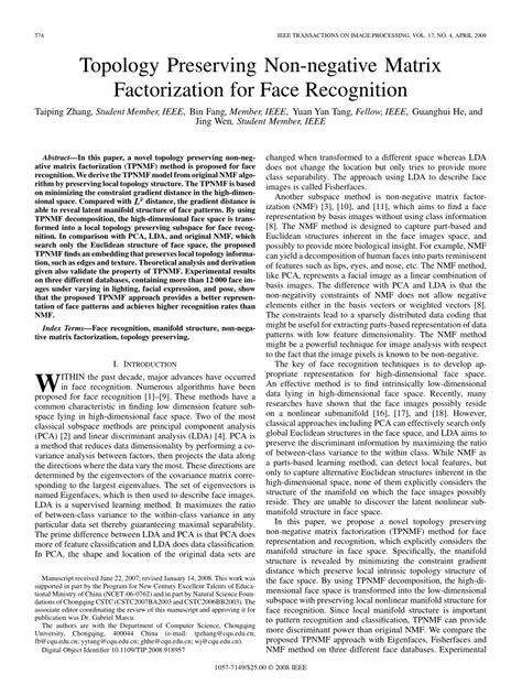Pdf Topology Preserving Non Negative Matrix Factorization For Face Recognition