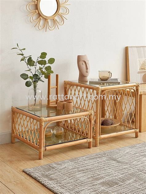 Wooden Coffee Table With Rattan Netting And Glass Top Rattan Furniture Footstool And Pouf Malaysia