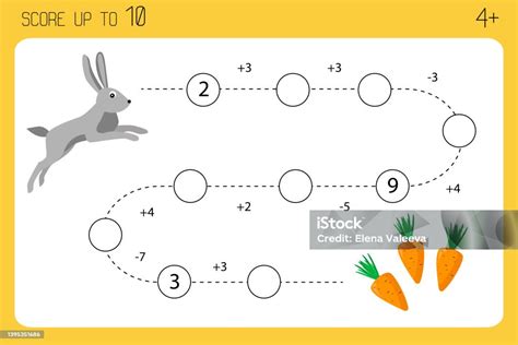 미취학 아동을위한 수학 게임 더하기 뺄셈 열 개까지 계산 어린이를위한 워크 시트 그것을 세십시오 토끼가 당근에 도착하도록 도와주세요 토끼에 대한 스톡 벡터 아트 및 기타