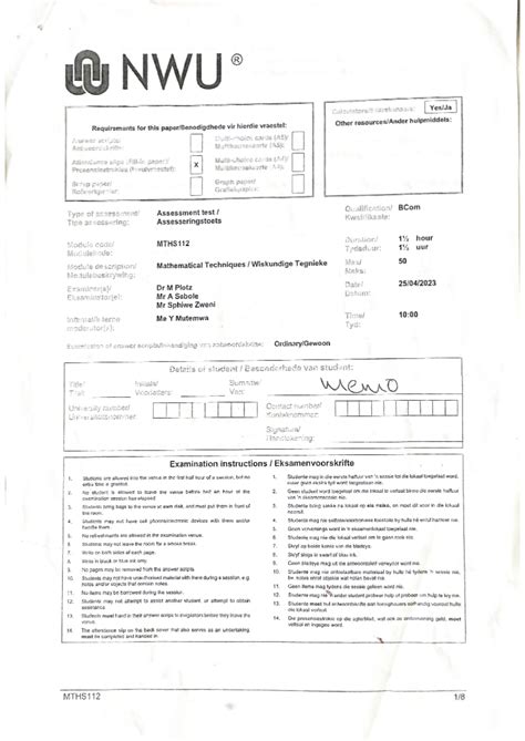 Semester Test Memo Mths112 Studocu
