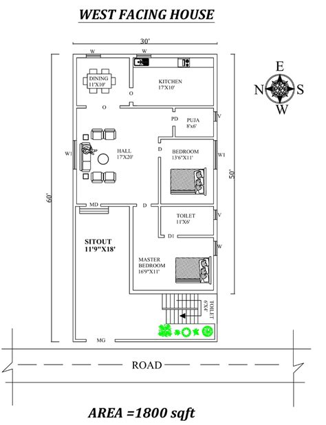 Autocad Drawing File Shows 30 X60 Marvelous 2bhk West Facing House