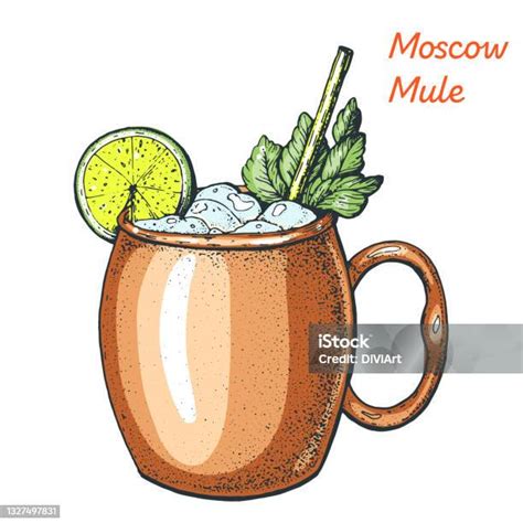 모스크바 뮬 칵테일 일러스트레이션 알코올 칵테일 손으로 그린 벡터 일러스트레이션 Moscow Mule Cocktail에 대한 스톡 벡터 아트 및 기타 이미지