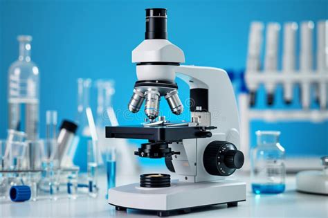 Microscope Set Against A Backdrop Of Laboratory Equipment Stock