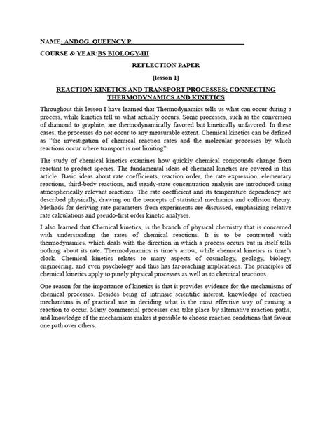 Reflection Paper Pdf Cell Membrane Chemical Kinetics