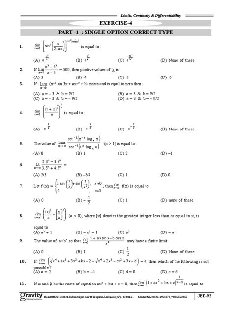 Limits Continuity And Derivative Exercise Ans Key Pdf Function Mathematics Derivative
