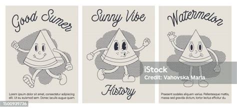 수박 마스코트 조각 모노크롬 빈티지 포스터 그루비 스타일의 여름 멋진 복고풍 엽서 여름 분위기 달콤한 수박 0명에 대한 스톡 벡터 아트 및 기타 이미지 Istock