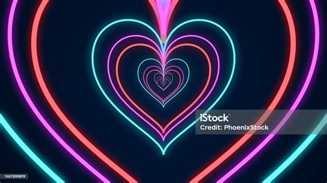 발렌타인 데이 어머니의 날 고해상도의 로맨틱 모션 그래픽 배경을 위한 다채로운 빛나는 네온 같은 심장 터널 배경 무한 심장 터널