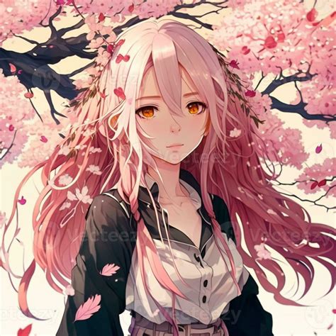 Anime Girl With Long Pink Hair And Yellow Eyes Standing Under A Tree