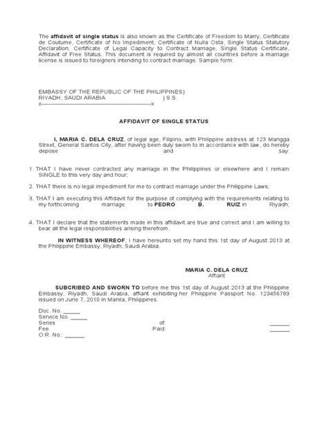 Affidavit Of Single Status Pdf