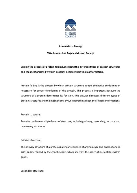 Lecture Notes RNA Biology Summaries Biology Mike Lewis Los Angeles Mission College Explain