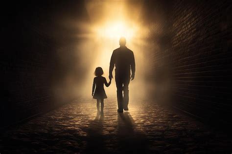 Premium AI Image A Man And A Girl Walking In A Dark Tunnel With A Light Behind Them