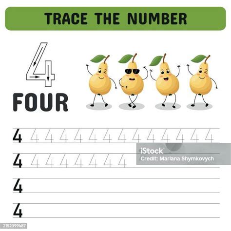 과일로 숫자 4를 공부하기 위한 카드 벡터 일러스트 레이 션입니다 인쇄 가능한 시트 10에 대한 스톡 벡터 아트 및 기타 이미지 10 3가지 개체 4가지 개체