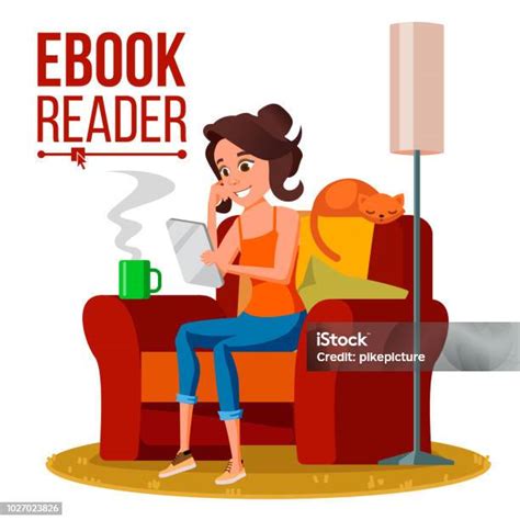 전자도 서 리더 벡터입니다 소녀입니다 온라인 도서관입니다 Ebook을 사용합니다 전자 가제트입니다 플랫 만화 삽화를 절연 전자책에 대한 스톡 벡터 아트 및 기타 이미지