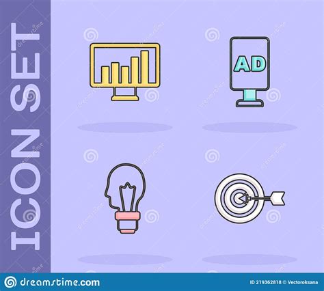 Set Target Monitor With Graph Chart Light Bulb Concept Of Idea And Advertising Icon Vector