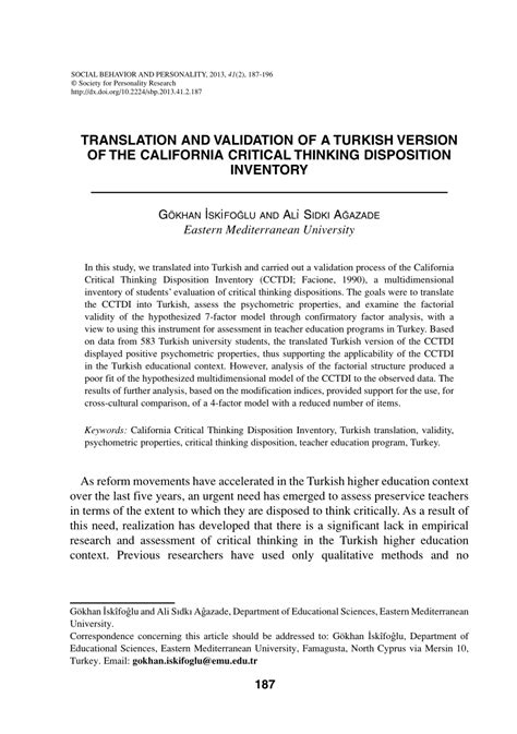 Pdf Translation And Validation Of A Turkish Version Of The California Critical Thinking