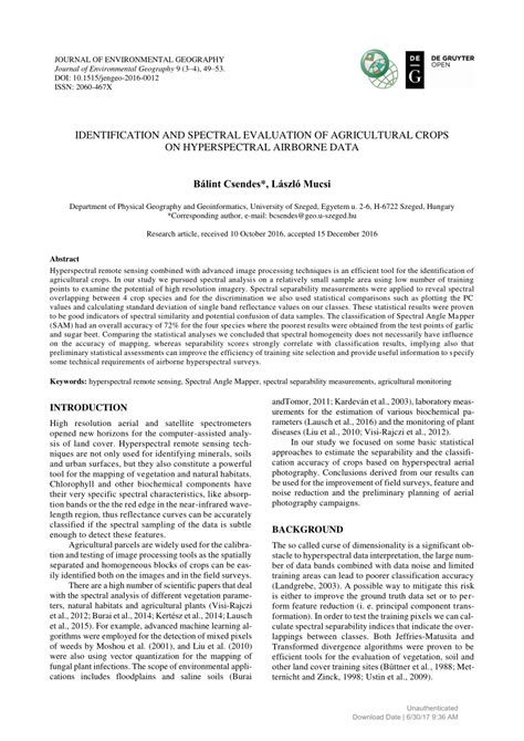Pdf Identification And Spectral Evaluation Of Agricultural Crops On Hyperspectral Airborne Data