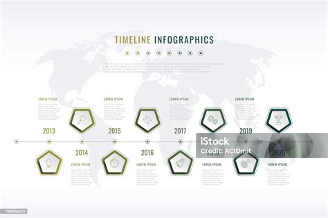 오각형 요소 연도 표시 및 배경에 세계지도와 현대 기업 역사 시각화 현실적인 3d 비즈니스 데이터 인포 그래픽 벡터 회사 프리젠 테이션 슬라이드 템플릿 Eps 10 0명에