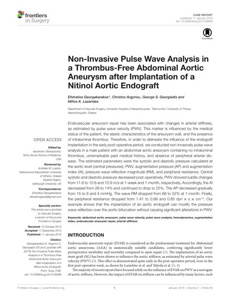 Pdf Non Invasive Pulse Wave Analysis In A Thrombus Free Abdominal Aortic Aneurysm After