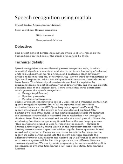 Speech Recognition Using Matlab Objective Pdf Applied Mathematics