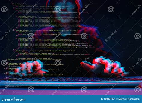 Hacker Working With Computer In Dark Room With Digital Interface Around