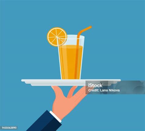 손에 쟁반에 유리 컵에 오렌지 주스 건강에 좋은 음식 유용한 자연 음료 열대 상쾌한 음료 비타민 아침 식사 플랫 스타일의 벡터 그림 개념에 대한 스톡 벡터 아트 및 기타