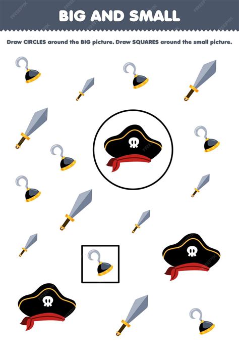 아이들을 위한 교육 게임은 귀여운 만화 모자 걸이와 검 인쇄용 해적 워크시트의 원과 사각형을 그려서 크거나 작은 크기로 정렬합니다 프리미엄 벡터