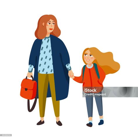 세련 된 엄마와 딸이 학교에서 도보입니다 여자와 유행 옷을 입고 엄마입니다 만화 스타일 벡터 일러스트 레이 션 가족에 대한 스톡 벡터 아트 및 기타 이미지 Istock