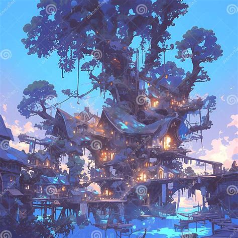 Utopian Treehouse Haven Amidst The Sky Stock Illustration Illustration Of Treehouse