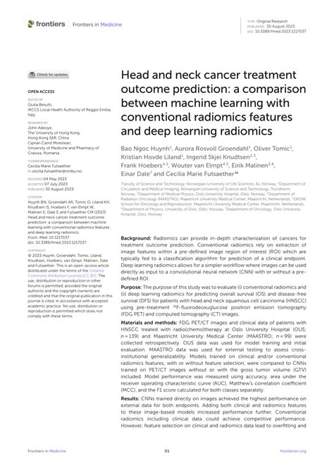Pdf Head And Neck Cancer Treatment Outcome Prediction A Comparison Between Machine Learning